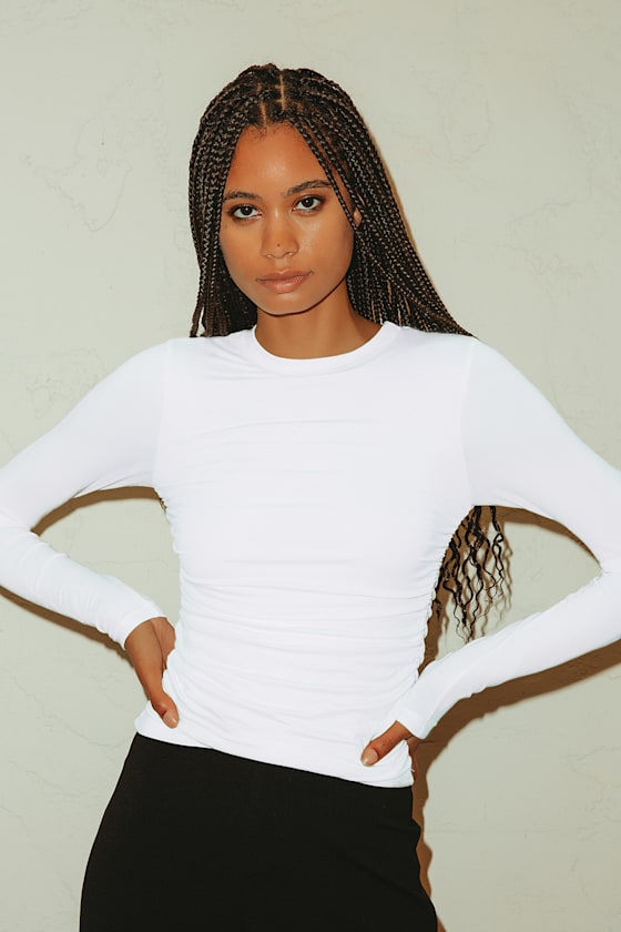 White Long Sleeve Top - Ruched Side Top - Gathered Top - Lulus
