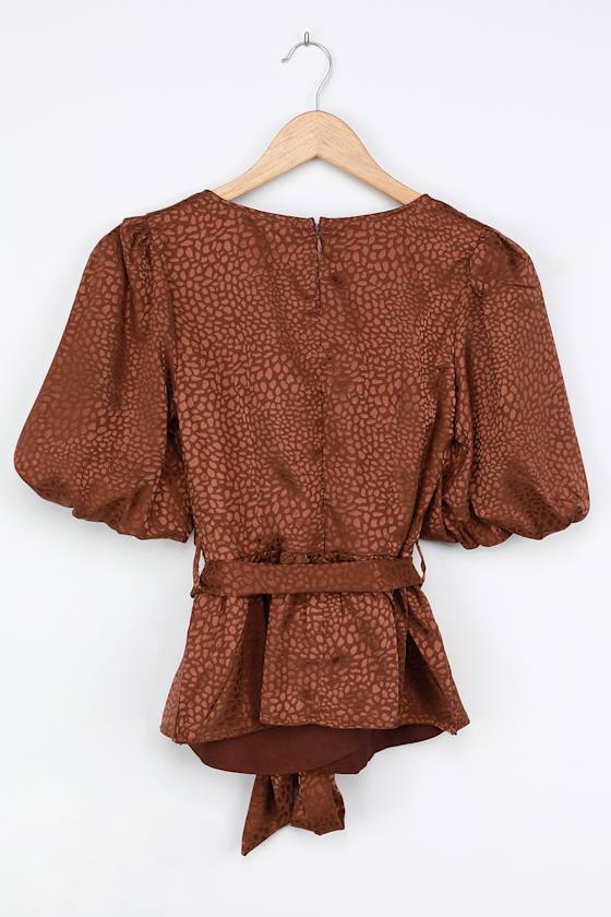 Brown Blouse - Leopard Print Top - Satin Puff Sleeve Top - Lulus