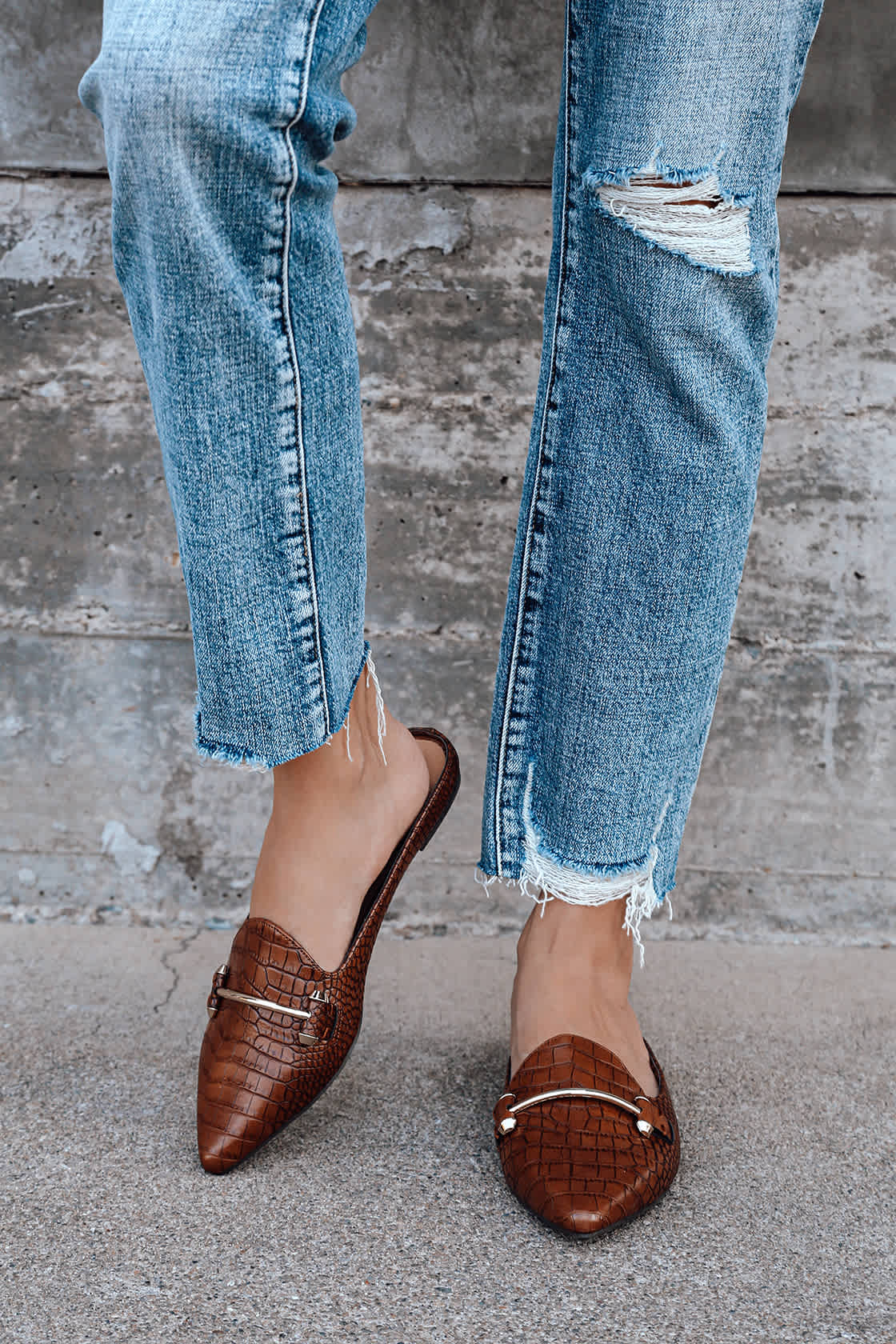 Brown Crocodile Embossed Slides - Pointed-Toe Loafers - Loafers - Lulus