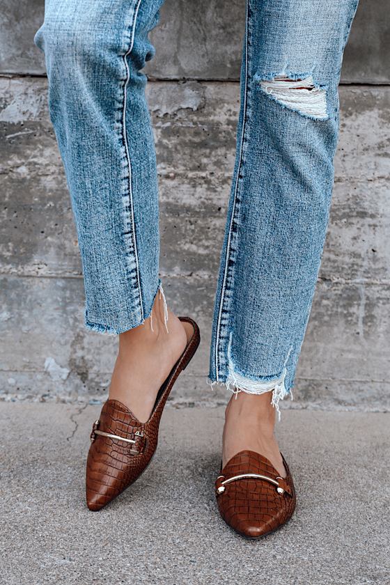 Brown Crocodile Embossed Slides - Pointed-Toe Loafers - Loafers - Lulus