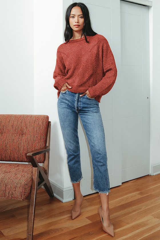 Rust Orange Chenille Sweater - Pierced Sweater - Slouchy Sweater - Lulus