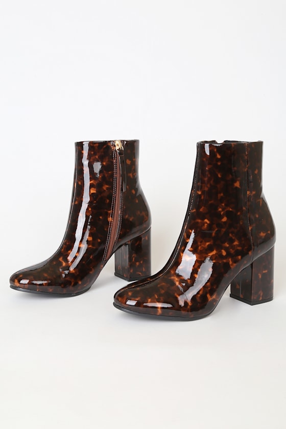 Patent Tortoise Boots - Ankle Boots - Block Heel Ankle Booties - Lulus