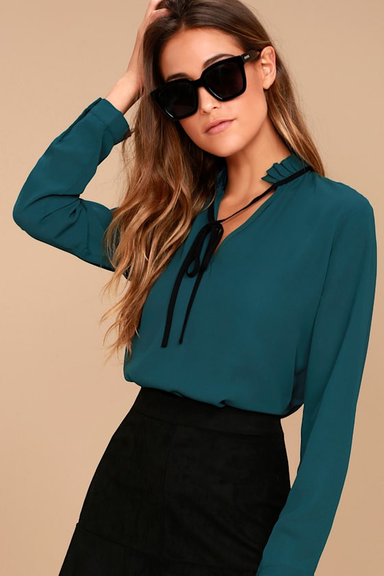 Chic Teal Blue Blouse - Long Sleeve Blouse - Tie Neck Blouse - Lulus