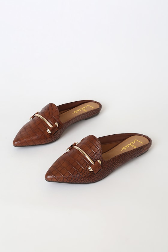 Brown Crocodile Embossed Slides - Pointed-Toe Loafers - Loafers - Lulus