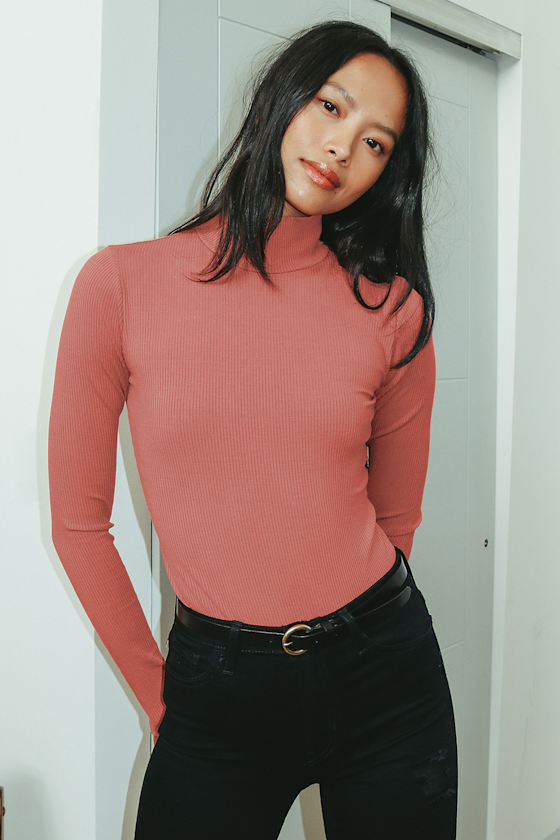 Classic Rusty Rose Bodysuit Mock Neck Bodysuit Ribbed Top Lulus