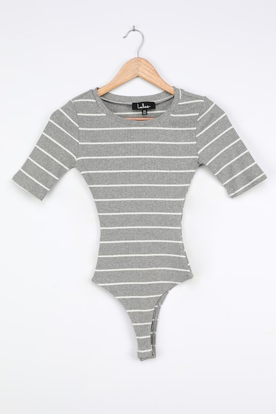 Grey Striped Bodysuit - Ribbed Bodysuit - Half Sleeve Bodysuit - Lulus