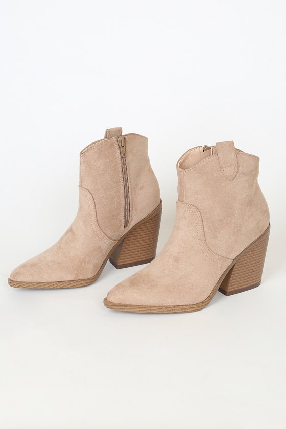 Beige Suede Boots - Pointed Toe Boots - Block Heel Ankle Booties - Lulus
