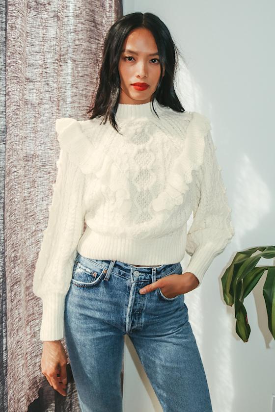 ASTR the Label Judy - Ivory Cable Knit Sweater - Ruffled Sweater - Lulus