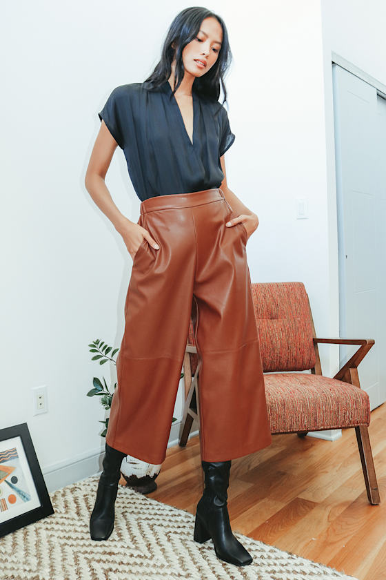 Vegan Leather Culottes - Faux Leather Pants - Brown Culottes - Lulus