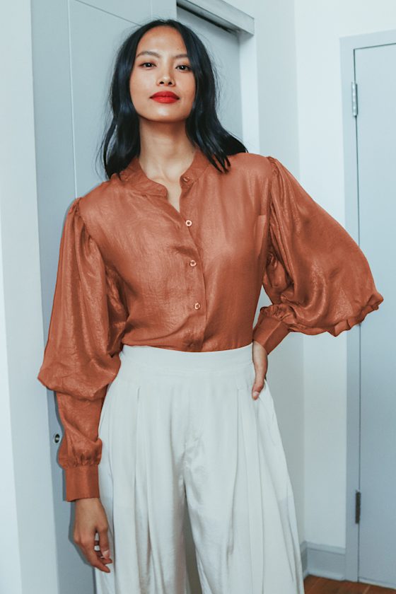 Brown Puff Sleeve Top - Shiny Button-Up Top - Collared Blouse - Lulus