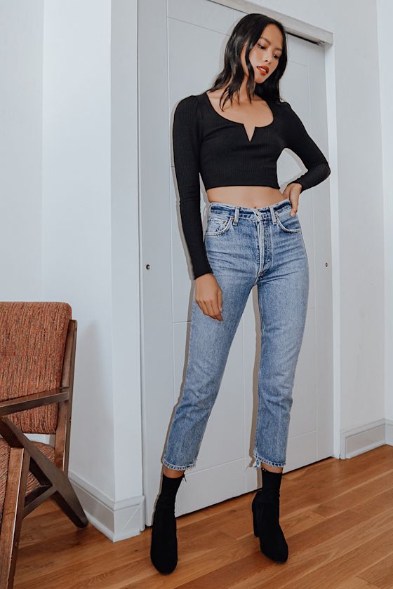 Black Crop Top - Long Sleeve Crop Top - V-Bar Neckline Top - Lulus