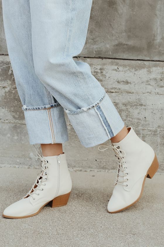 Cute Beige Booties - Lace-Up Booties - Fabric Booties - Boots - Lulus