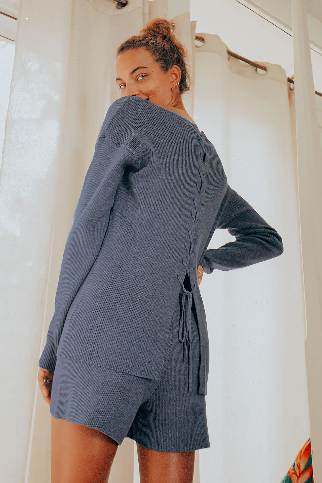 Denim Blue Sweater - Sweater Top - Lace-Up Back Sweater - Lulus