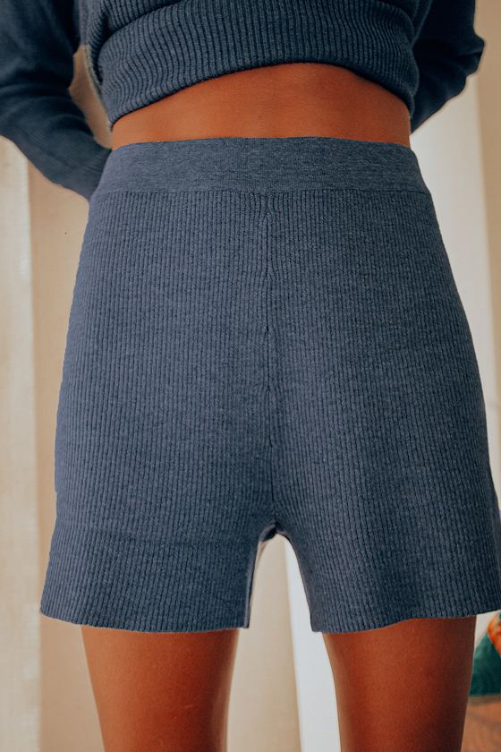 Denim Blue Knit Shorts - Sweater Shorts - Ribbed Knit Shorts - Lulus