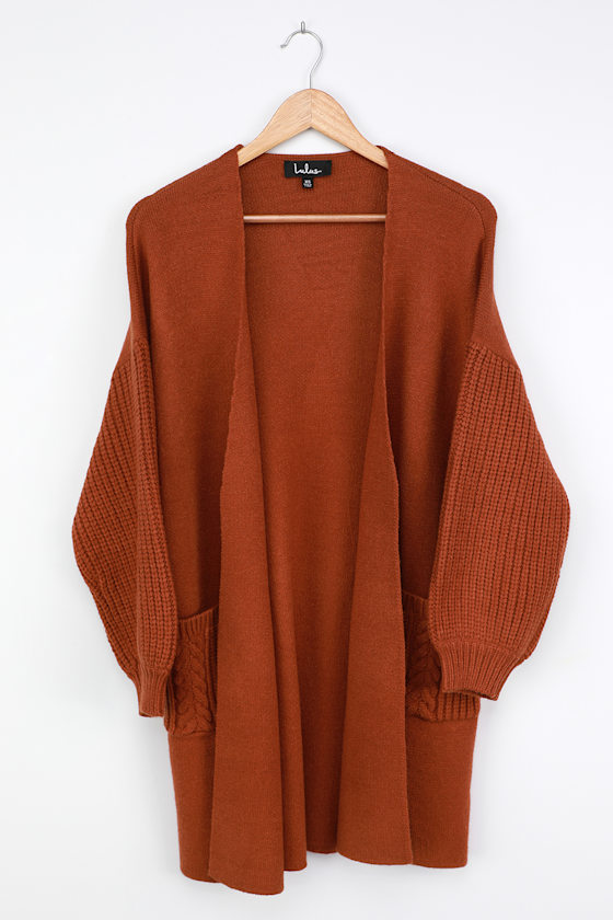 Rust Brown Cardigan - Balloon Sleeve Sweater - Cable Knit Cardi - Lulus