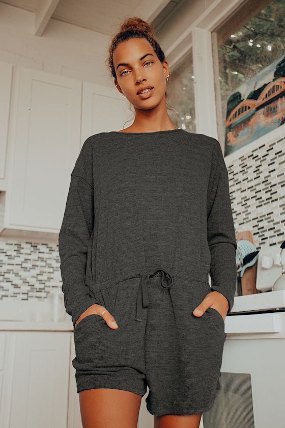 Charcoal Grey Knit Romper - Open Back Romper - Drawstring Romper - Lulus