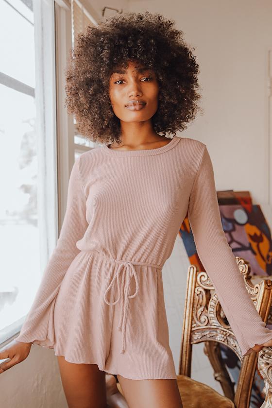 Beige Ribbed Romper - Long Sleeve Romper - Comfy Lounge Romper - Lulus