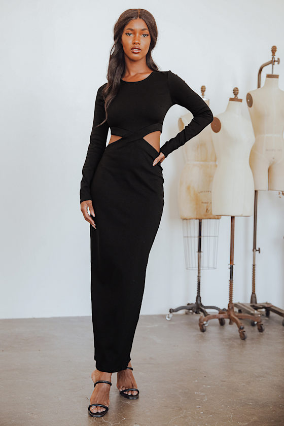 Sexy Black Midi Dress - Cutout Midi Dress - Long Sleeve Dress - Lulus