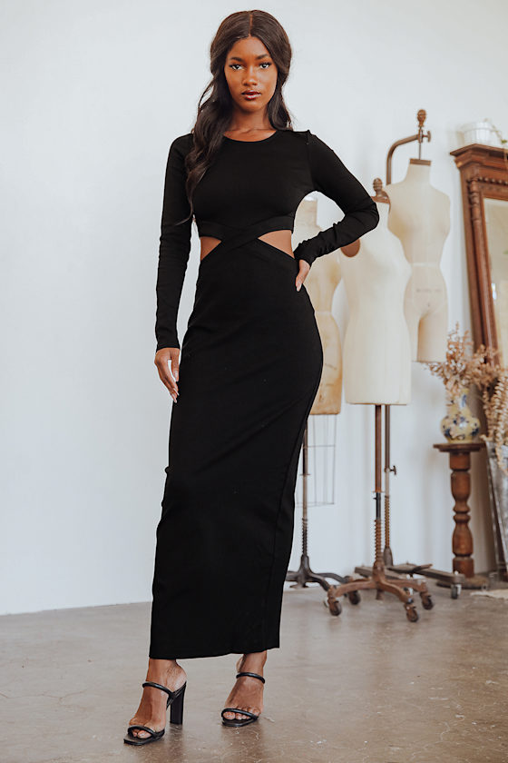 Sexy Black Midi Dress - Cutout Midi Dress - Long Sleeve Dress - Lulus