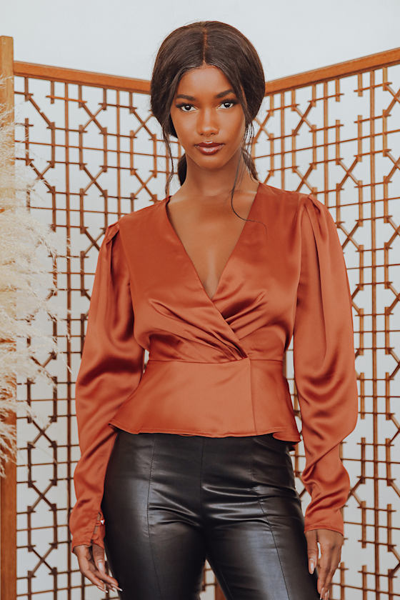 Rust Orange Blouse - Satin Surplice Top - Chic Puff Sleeve Top - Lulus