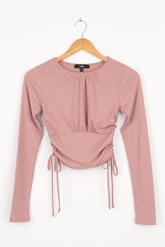 Mauve Pink Ribbed Top - Cinch Side Top - Ruched Long Sleeve Top - Lulus