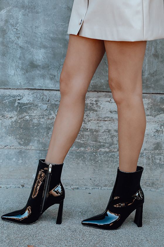 Bebo Elexis Black Patent - Pointed-Toe Boots - Mid-Calf Boots - Lulus