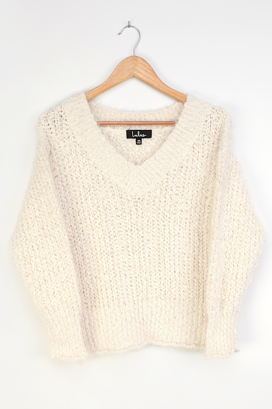 Ivory Fuzzy Sweater Eyelash Lace Sweater V Neck Sweater Lulus