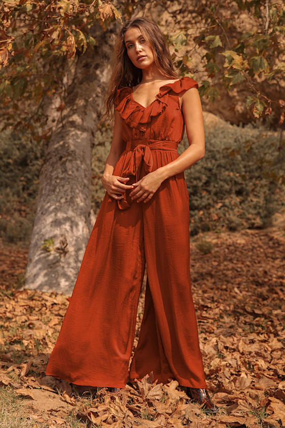 Rust Orange Jumpsuit - Ruffled Satin Jumpsuit - Wide-Leg Jumpsuit - Lulus