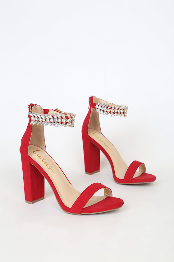 Chic Red Heels - Suede High Heel Sandals - Embellished Heels - Lulus