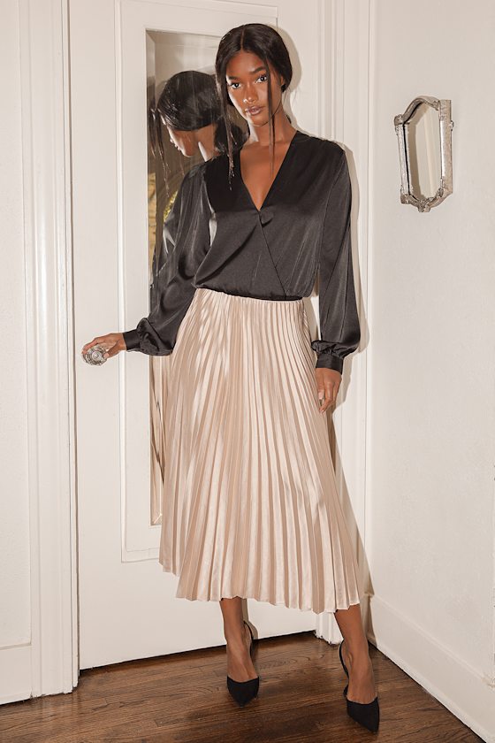 Black Satin Blouse - Long Sleeve Bodysuit - Surplice Bodysuit - Lulus