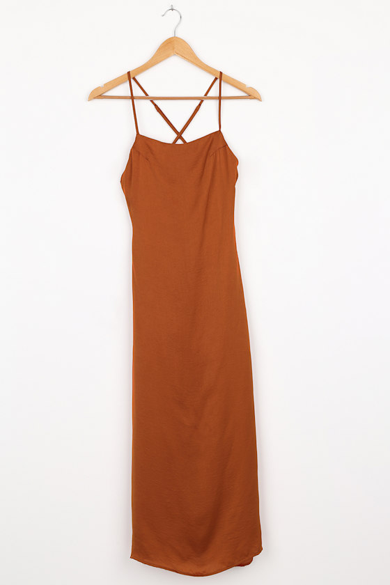 Rust Brown Dress - Satin Midi Dress - Tie Back Column Dress - Lulus