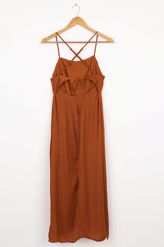 Rust Brown Dress - Satin Midi Dress - Tie Back Column Dress - Lulus