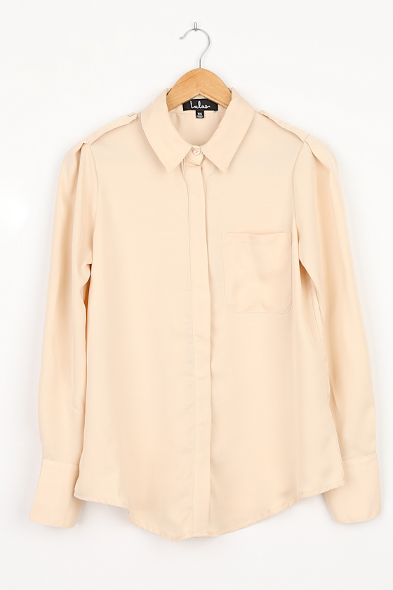Beige Button-Up Top - Long Sleeve Top - Collared Blouse - Lulus