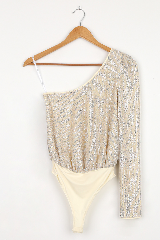 Cream Sequin Bodysuit One Shoulder Bodysuit Long Sleeve Top Lulus