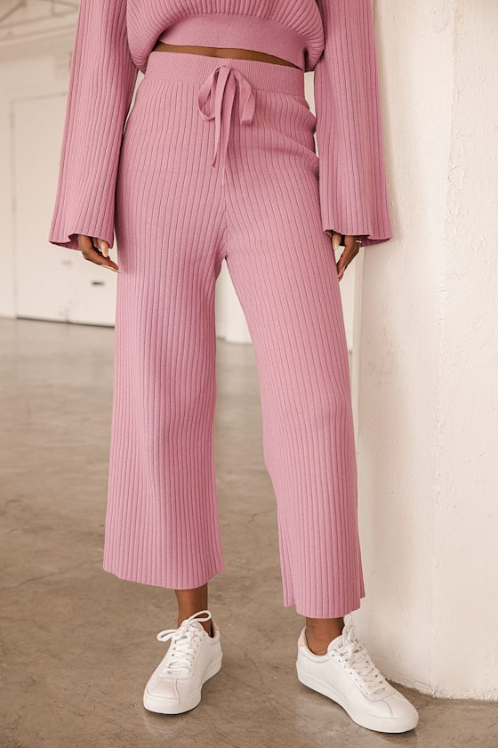 Mauve Pink Pants - Cropped Sweater Pants - Ribbed Knit Culottes - Lulus