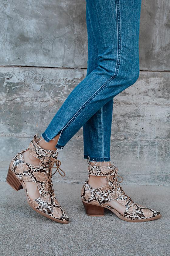 Tan Snake Boots - Lace-Up Ankle Boots - Cutout Ankle Booties - Lulus