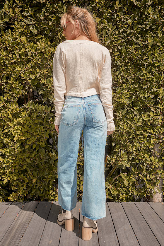 Free People Kinsey True Blue - Wide Leg Jeans - Distressed Jeans - Lulus