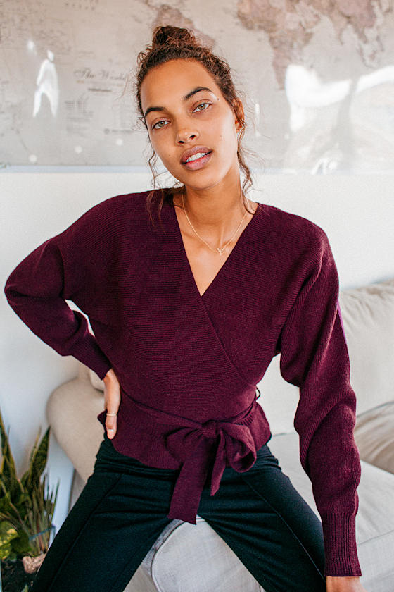 Plum Purple Top - Sweater Top - Knit Surplice Top - Peplum Top - Lulus