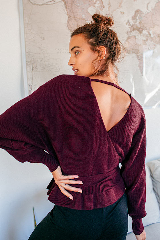 Plum Purple Top - Sweater Top - Knit Surplice Top - Peplum Top - Lulus
