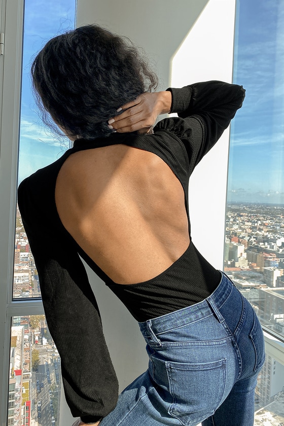 Black Bodysuit Ribbed Long Sleeve Bodysuit Mock Neck Top Lulus