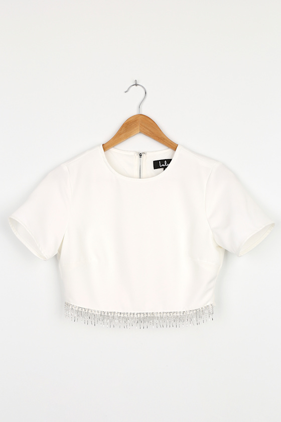 White Crop Top - Rhinestone Fringe Top - Short Sleeve Top - Lulus