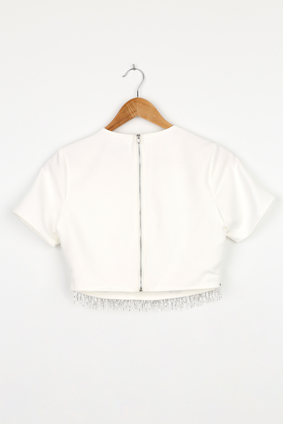 White Crop Top - Rhinestone Fringe Top - Short Sleeve Top - Lulus