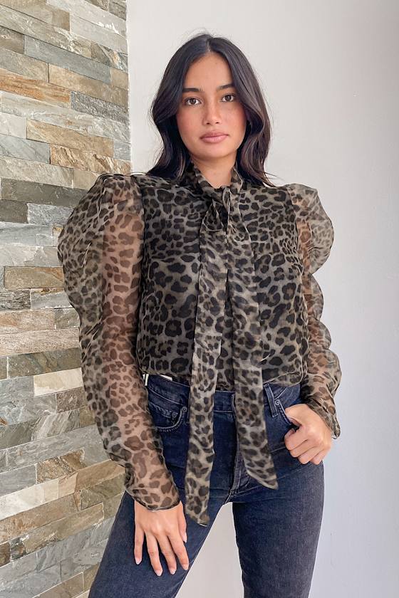 Green Leopard Print Top - Trendy Organza Blouse - Puff Sleeve Top - Lulus