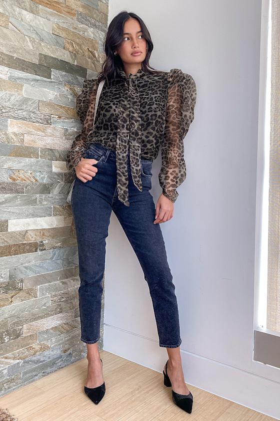 Green Leopard Print Top - Trendy Organza Blouse - Puff Sleeve Top - Lulus