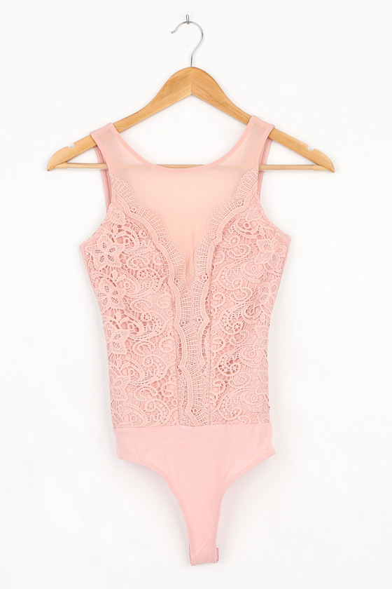 Light Pink Bodysuit - Lace Bodysuit - Plunging Bodysuit - Lulus
