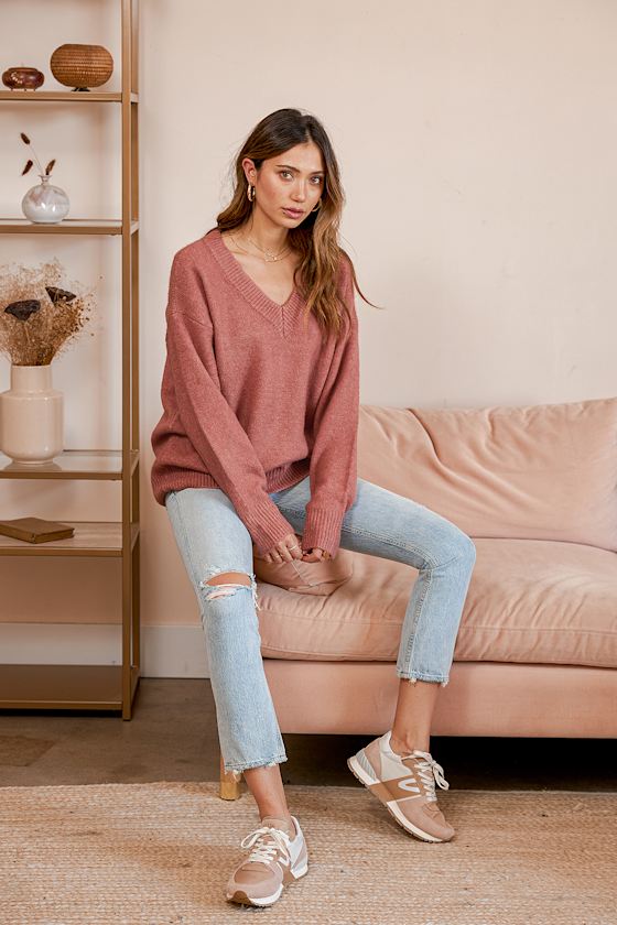 Rusty Rose Sweater - Oversized Knit Sweater - V-Neck Sweater - Lulus