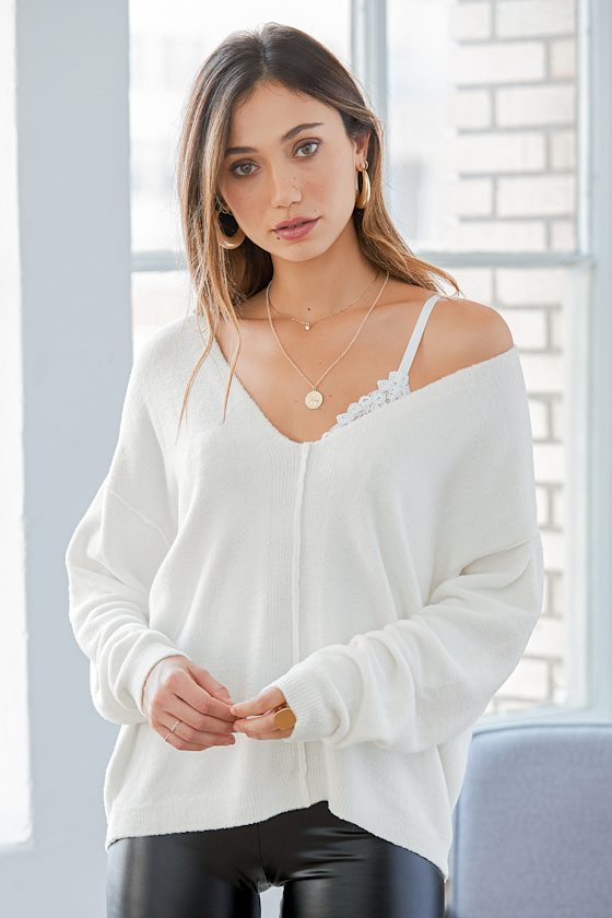 White Sweater Top - Seamed Knit Sweater - Cozy V-Neck Sweater - Lulus