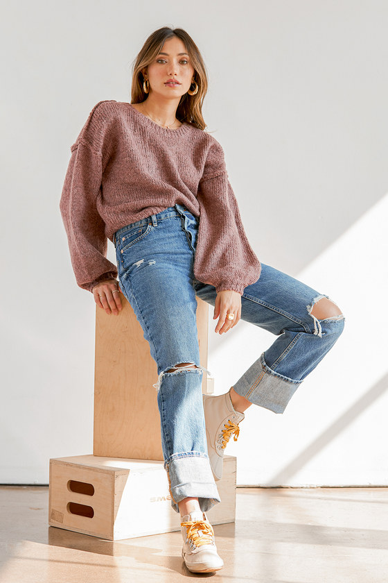 Mauve Purple Sweater - Balloon Sleeve Sweater - Marled Sweater - Lulus