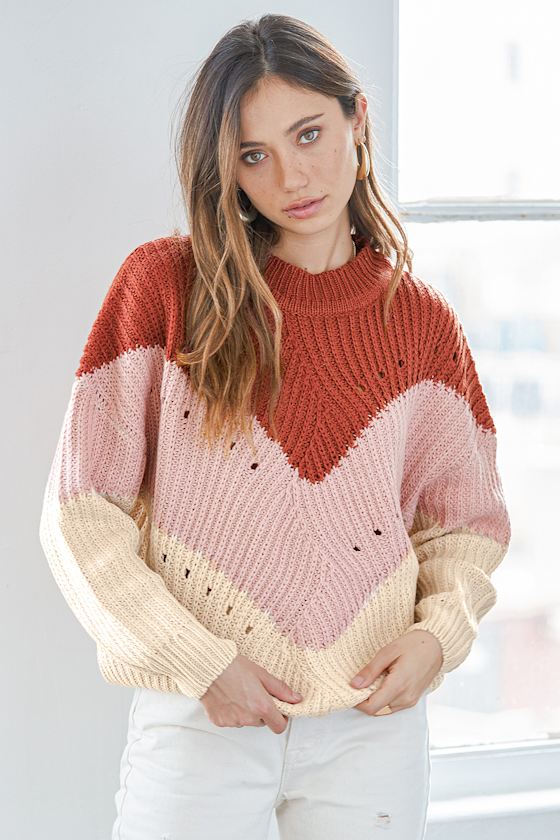 Beige Multi Color Block Sweater - Chevron Sweater - Knit Sweater - Lulus