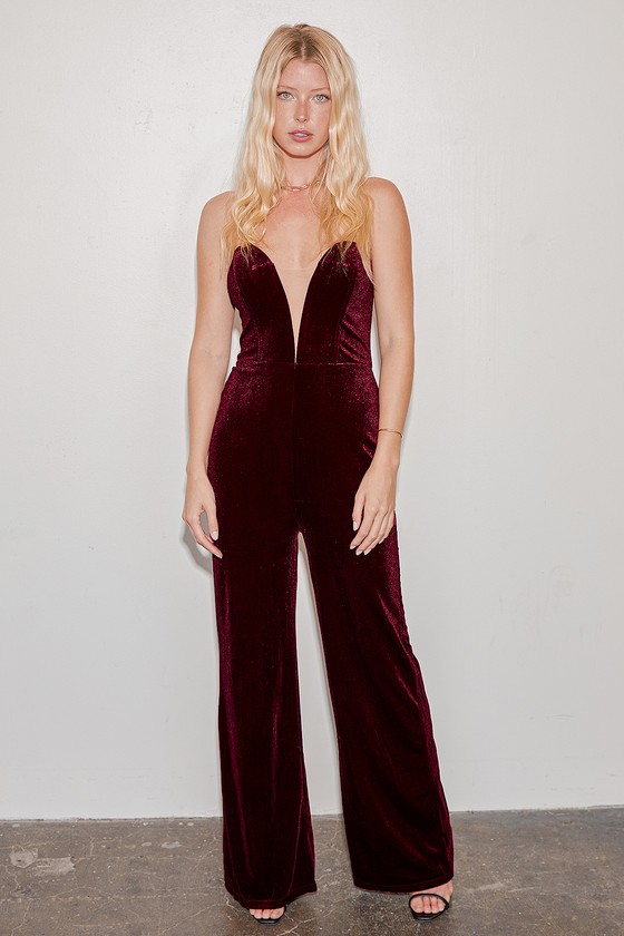 Burgundy Velvet Jumpsuit Strapless Jumpsuit Plunge Junpsuit Lulus